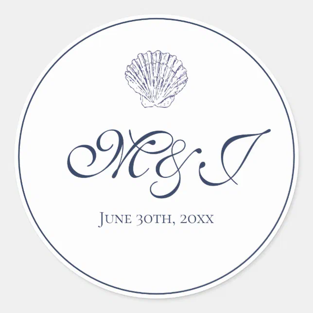 Elegant Monogram White and Blue Shell Classic Round Sticker | Zazzle