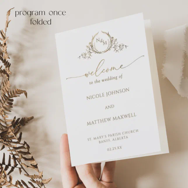 Elegant Monogram White Gold Wedding Folded Program | Zazzle