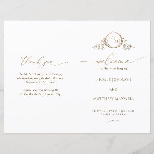 Elegant Monogram White Gold Wedding Folded Program | Zazzle