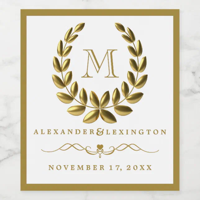Elegant Monogram With Gold Laurel Wreath Wedding Wine Label | Zazzle
