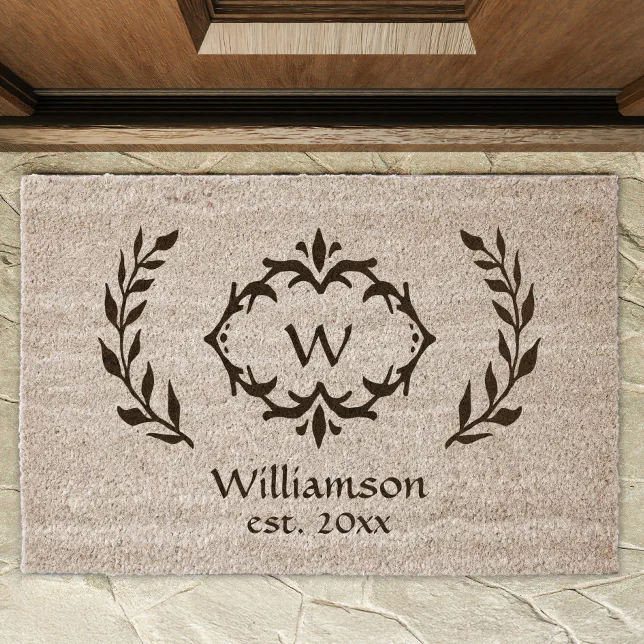 Elegant Monogram Wreath Welcome Name Initial Coir Fiber Doormat | Zazzle