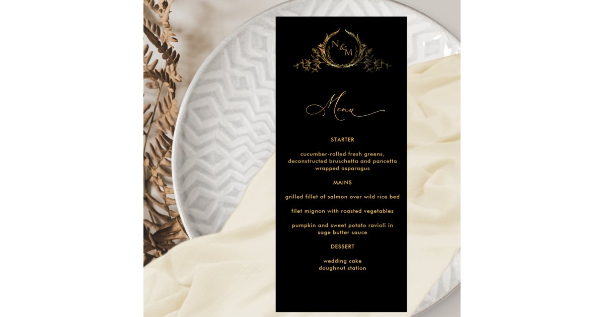 Elegant Monogrammed Black and Gold Wedding Menu | Zazzle