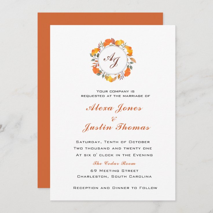 Elegant Monogrammed Fall foliage wedding Announcement | Zazzle