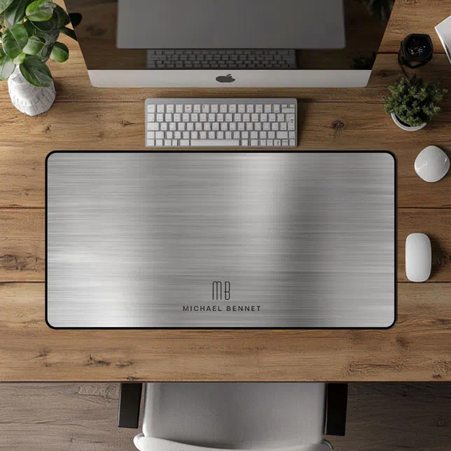 Elegant Monogrammed Faux Silver Brushed Metallic Desk Mat | Zazzle