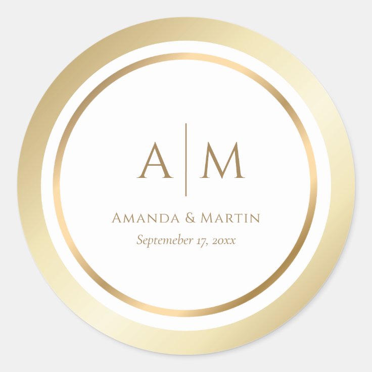 Elegant Monogrammed Gold Wedding Round Stickers | Zazzle