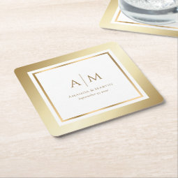Elegant Monogrammed Gold Wedding Square Paper Coaster | Zazzle