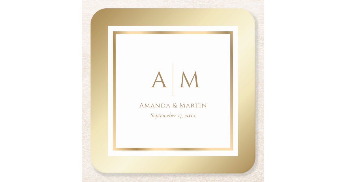 Elegant Monogrammed Gold Wedding Square Paper Coaster | Zazzle