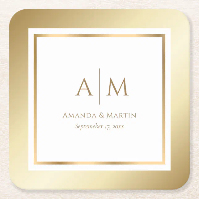 Elegant Monogrammed Gold Wedding Square Paper Coaster | Zazzle