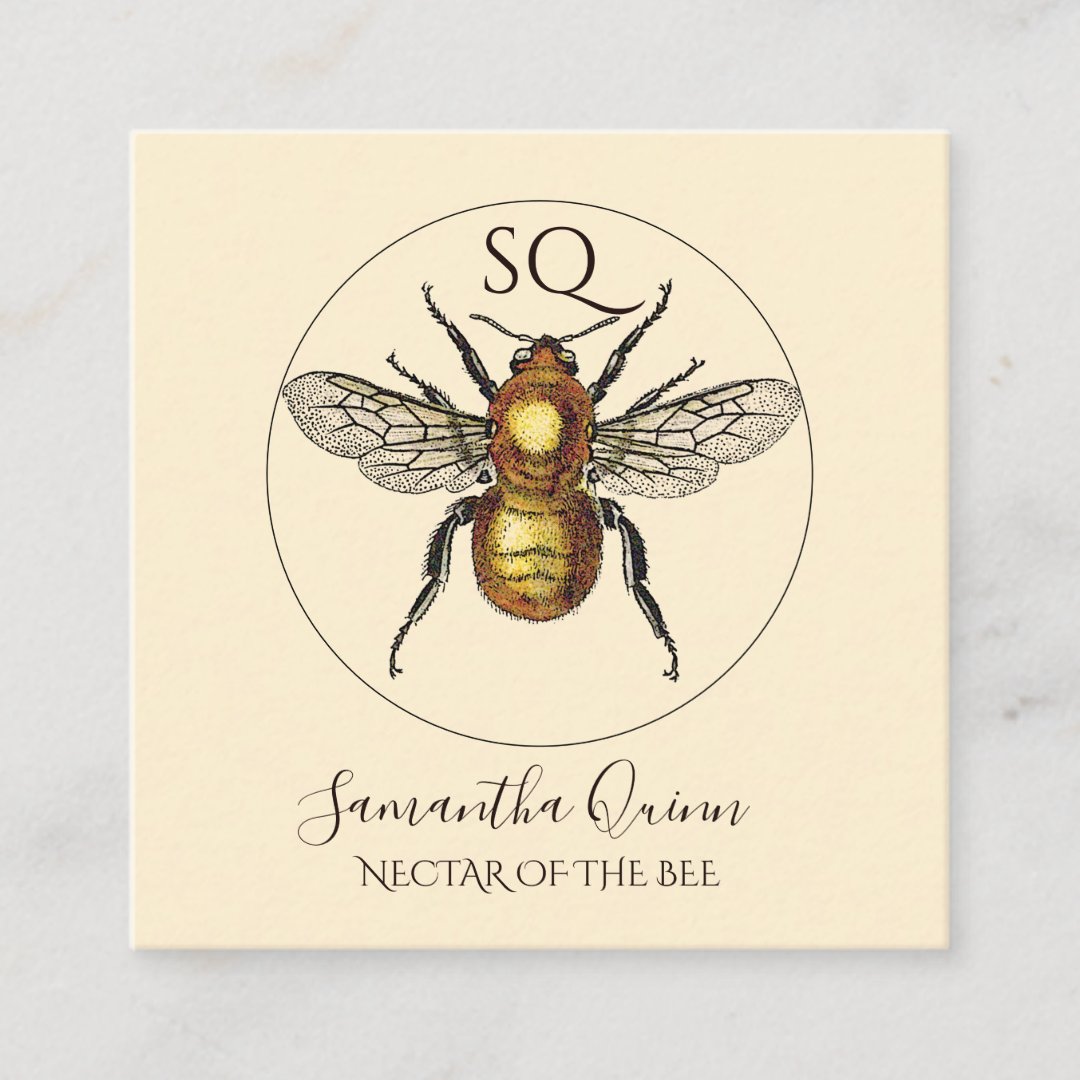 Elegant Monogrammed Golden Bee Circle Logo Square Business Card | Zazzle