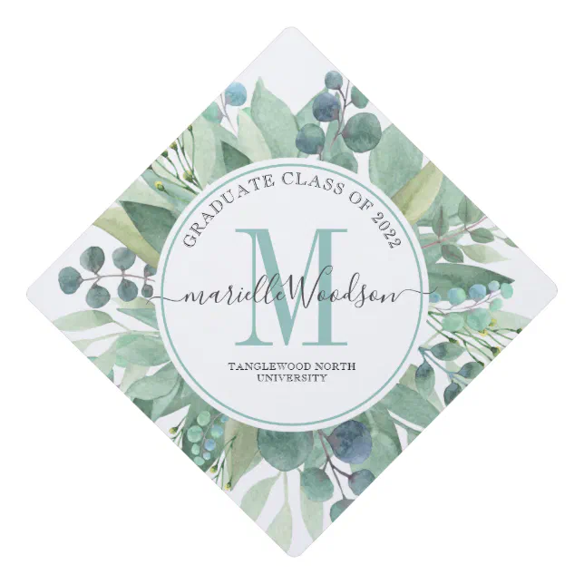 Elegant Monogrammed Greenery Class Of 2022 Graduation Cap Topper | Zazzle