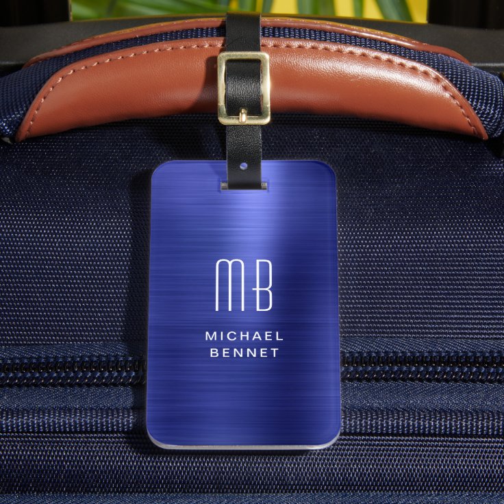Elegant Monogrammed Navy Blue Metal Luggage Tag | Zazzle