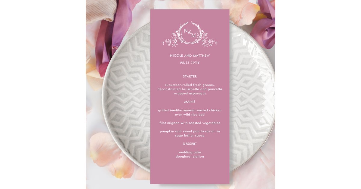 Elegant Monogrammed Pink Wedding Menu | Zazzle