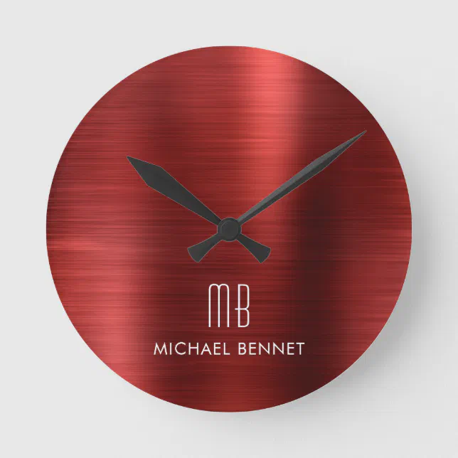 Elegant Monogrammed Red Brushed Metallic Round Clock | Zazzle