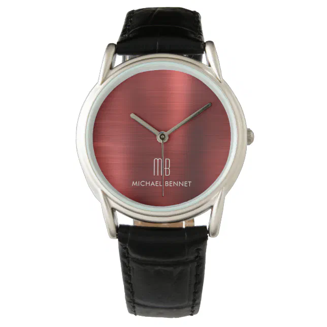 Elegant Monogrammed Red Brushed Metallic Watch | Zazzle