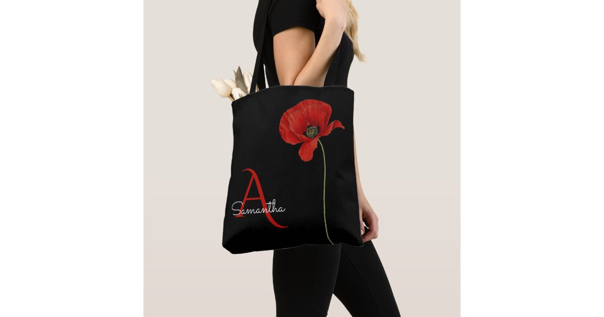 Elegant Monogrammed Red Poppy on Black Tote Bag | Zazzle