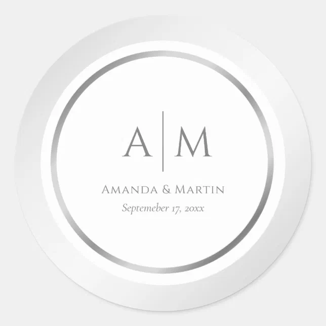 Elegant Monogrammed Silver Wedding Round Stickers | Zazzle