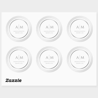 Elegant Monogrammed Silver Wedding Round Stickers | Zazzle