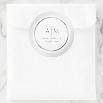 Elegant Monogrammed Silver Wedding Round Stickers | Zazzle