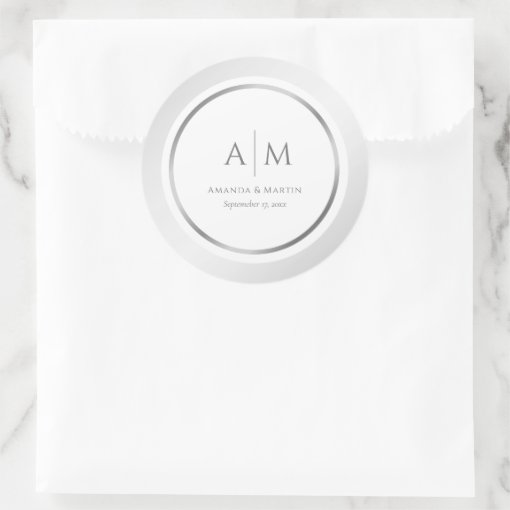 Elegant Monogrammed Silver Wedding Round Stickers | Zazzle