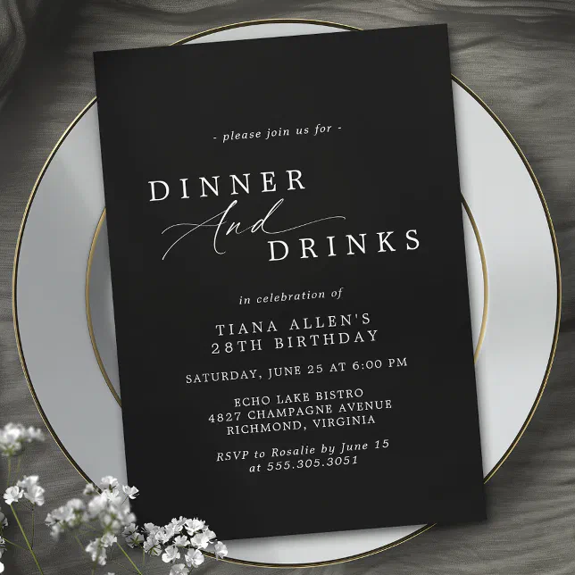 Elegant Moody Black | Formal Birthday Dinner Party Invitation | Zazzle