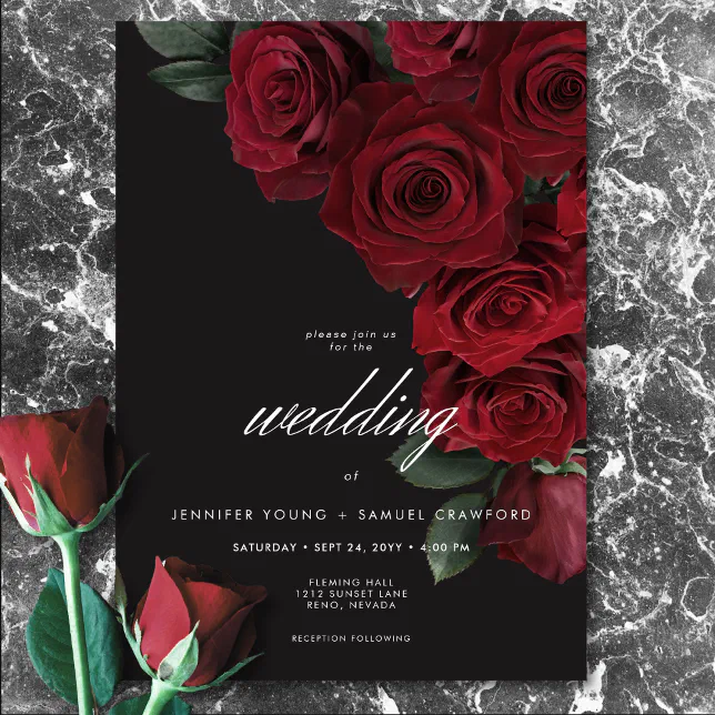 Elegant Moody Blood Red Roses Floral Wedding Invitation | Zazzle