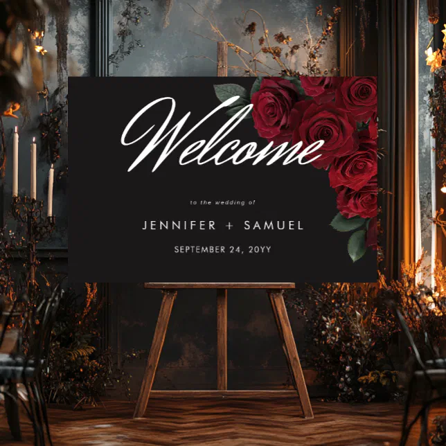 Elegant Moody Blood Red Roses Wedding Welcome Foam Board | Zazzle