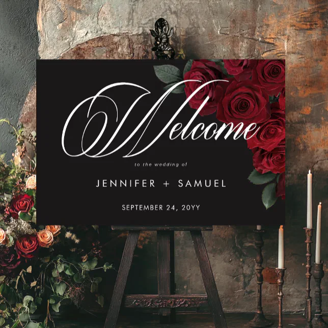 Elegant Moody Blood Red Roses Wedding Welcome Foam Board | Zazzle