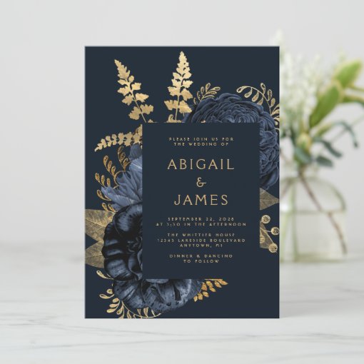Elegant Moody Dark Floral Navy Blue Gold Wedding Invitation | Zazzle
