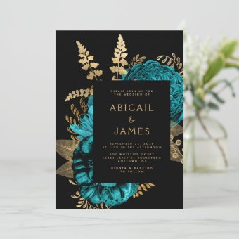 Elegant Moody Dark Floral Turquoise Gold Wedding Invitation | Zazzle