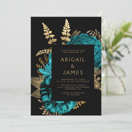 Elegant Moody Dark Floral Turquoise Gold Wedding Invitation | Zazzle
