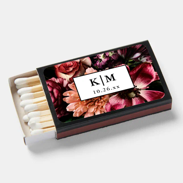 Elegant + Moody Floral Black Wedding Matchboxes | Zazzle