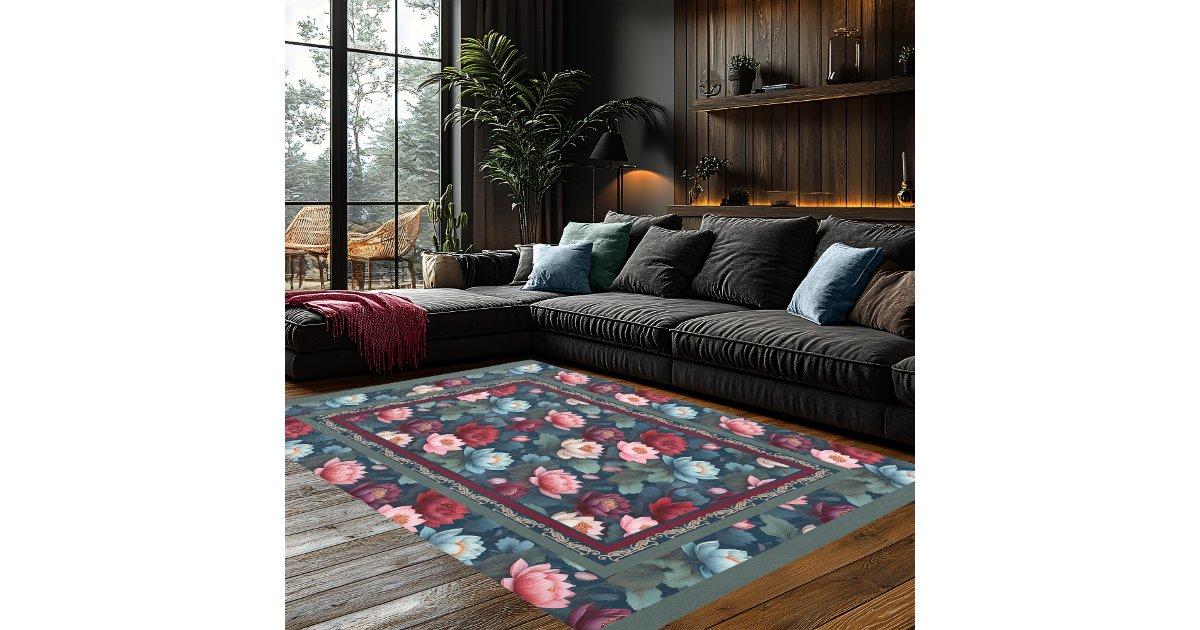 Elegant Moody Modern Lotus Flower Pattern Rug | Zazzle