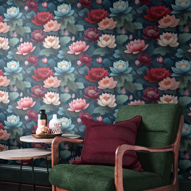 Elegant Moody Modern Lotus Flower Pattern Wallpaper | Zazzle