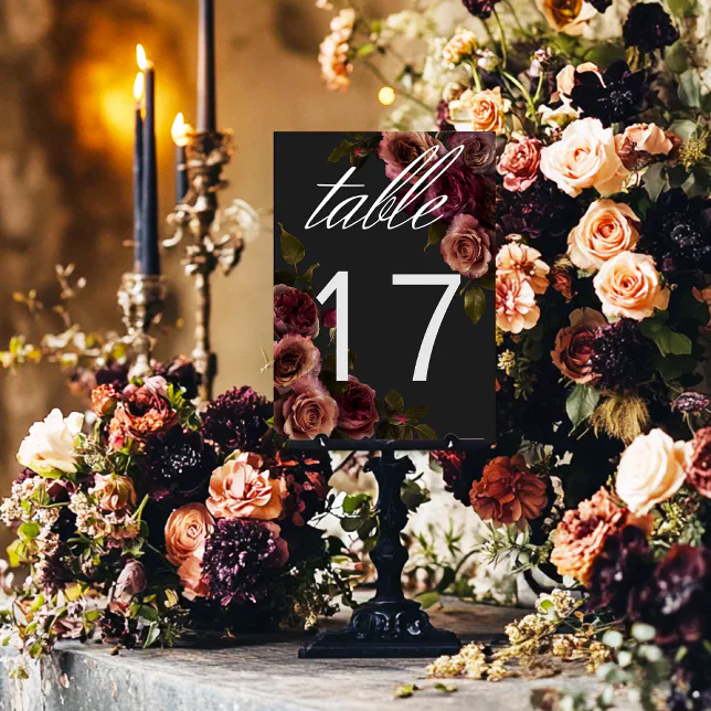 Elegant Moody Muted Rust & Burgundy Floral Wedding Table Number | Zazzle
