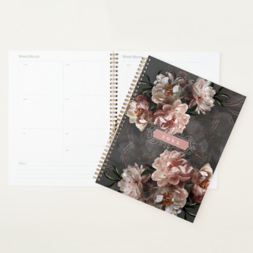Elegant Moody Pink Flowers Vintage Swirls Custom Planner | Zazzle