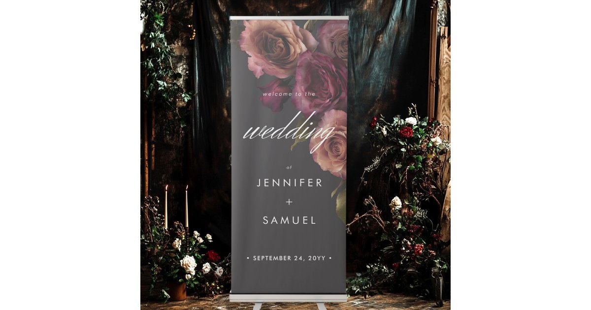 Elegant Moody Rust & Burgundy Floral Wedding Retractable Banner | Zazzle