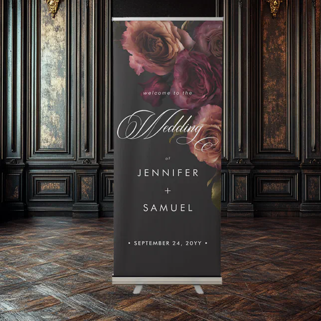 Elegant Moody Rust & Burgundy Floral Wedding Retractable Banner | Zazzle