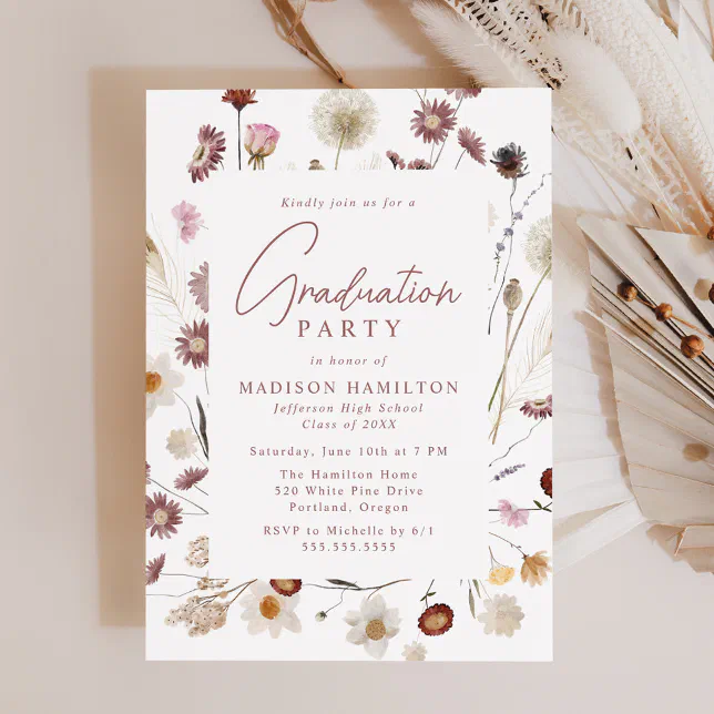Elegant Moody Wildflowers Graduation Party Invitation | Zazzle