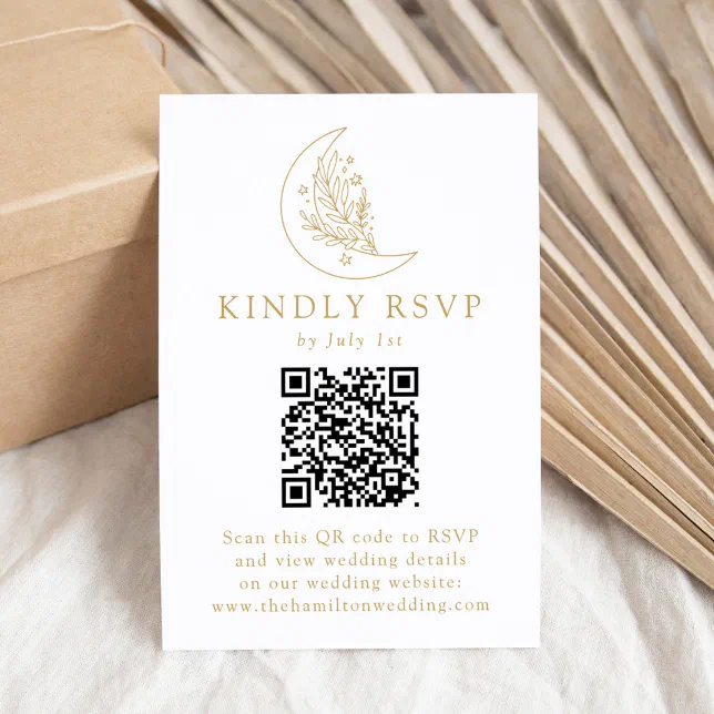 Elegant Moon and Stars Gold QR Code Wedding RSVP Card | Zazzle