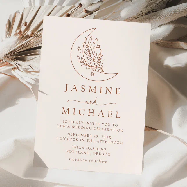 Elegant Moon and Stars Terracotta Wedding Invitation | Zazzle