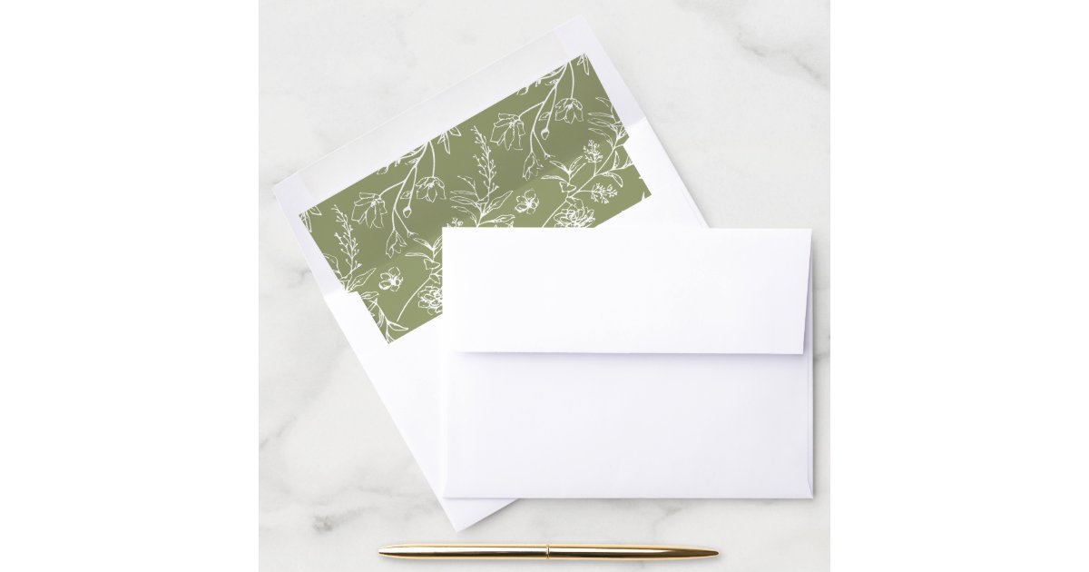 Elegant Moss Green Line Art Floral Wedding Envelope Liner | Zazzle