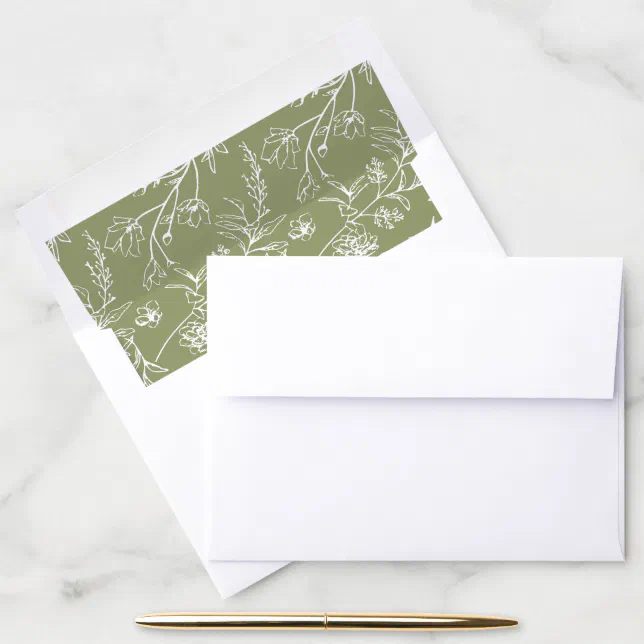 Elegant Moss Green Line Art Floral Wedding Envelope Liner | Zazzle