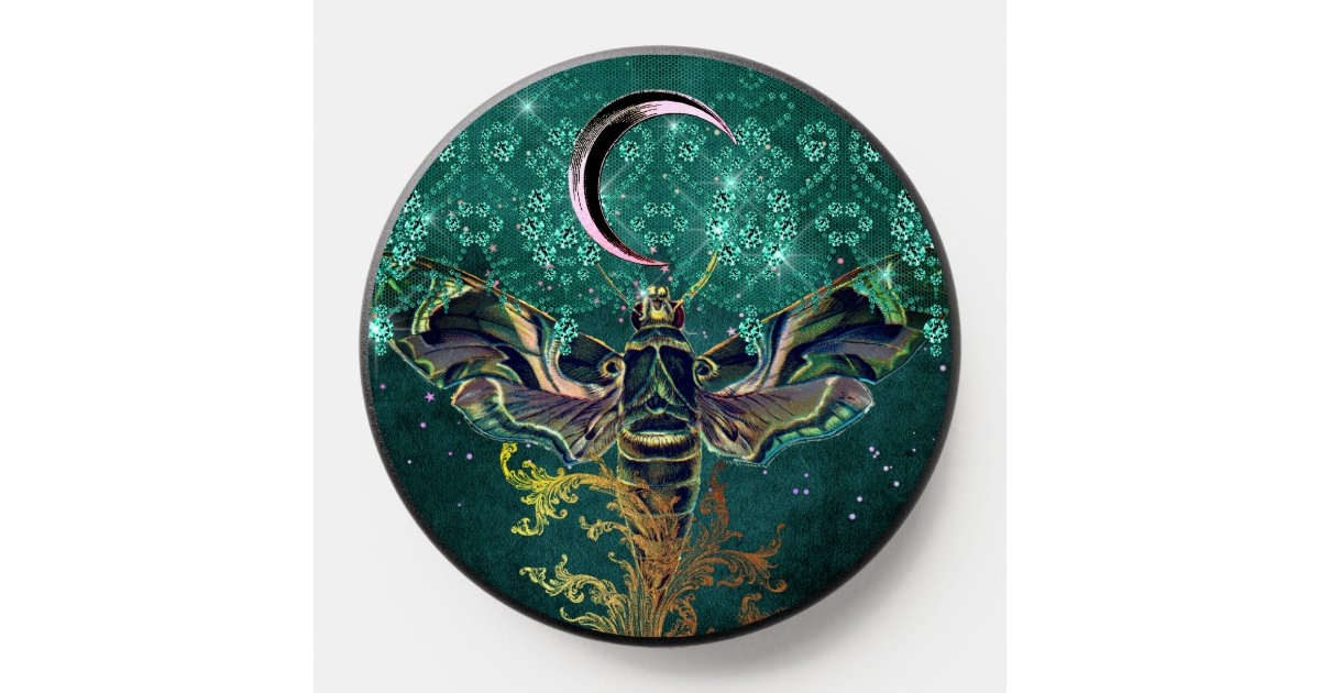 Elegant moth moon emerald night sparkle lace green PopSocket | Zazzle
