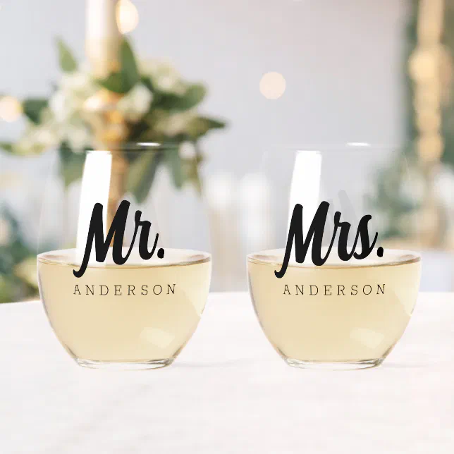 Elegant Mr & Mrs + Name Wedding Newlyweds Stemless Wine Glass | Zazzle
