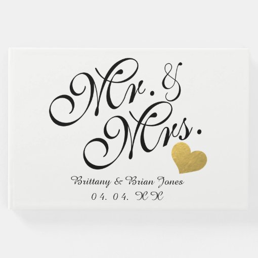 Elegant Mr & Mrs Script Gold Heart Photo Wedding Guest Book | Zazzle