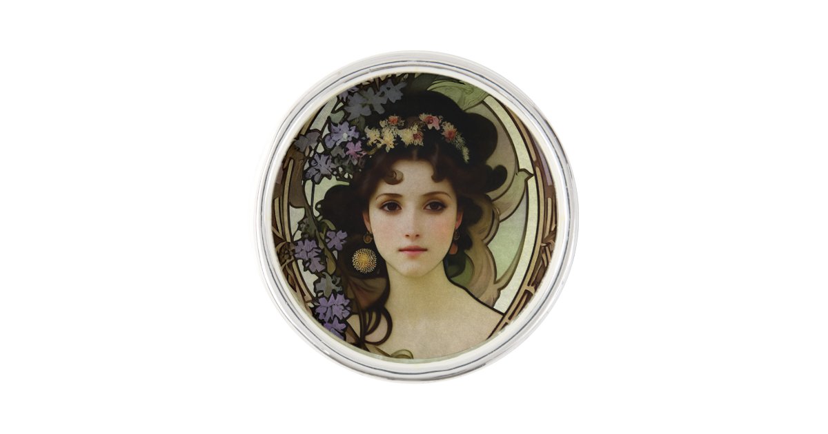 Elegant Mucha Style Portrait of a Beautiful Woman Lapel Pin | Zazzle