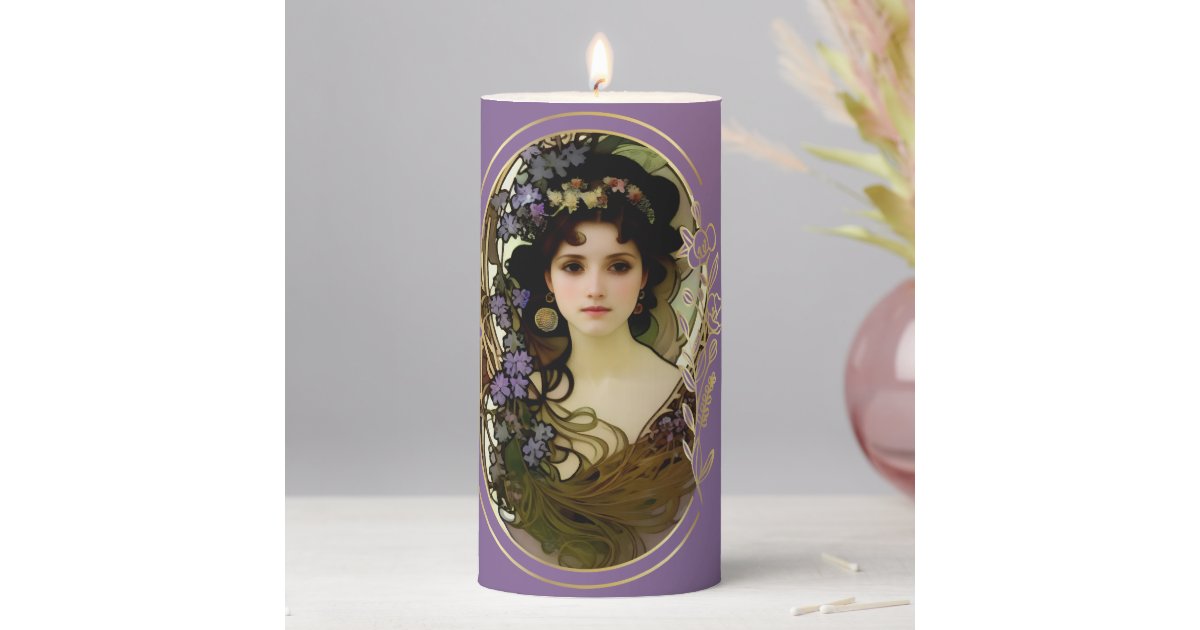 Elegant Mucha Style Portrait of a Beautiful Woman Pillar Candle | Zazzle