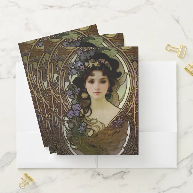 Elegant Mucha Style Portrait of a Beautiful Woman Pocket Folder | Zazzle