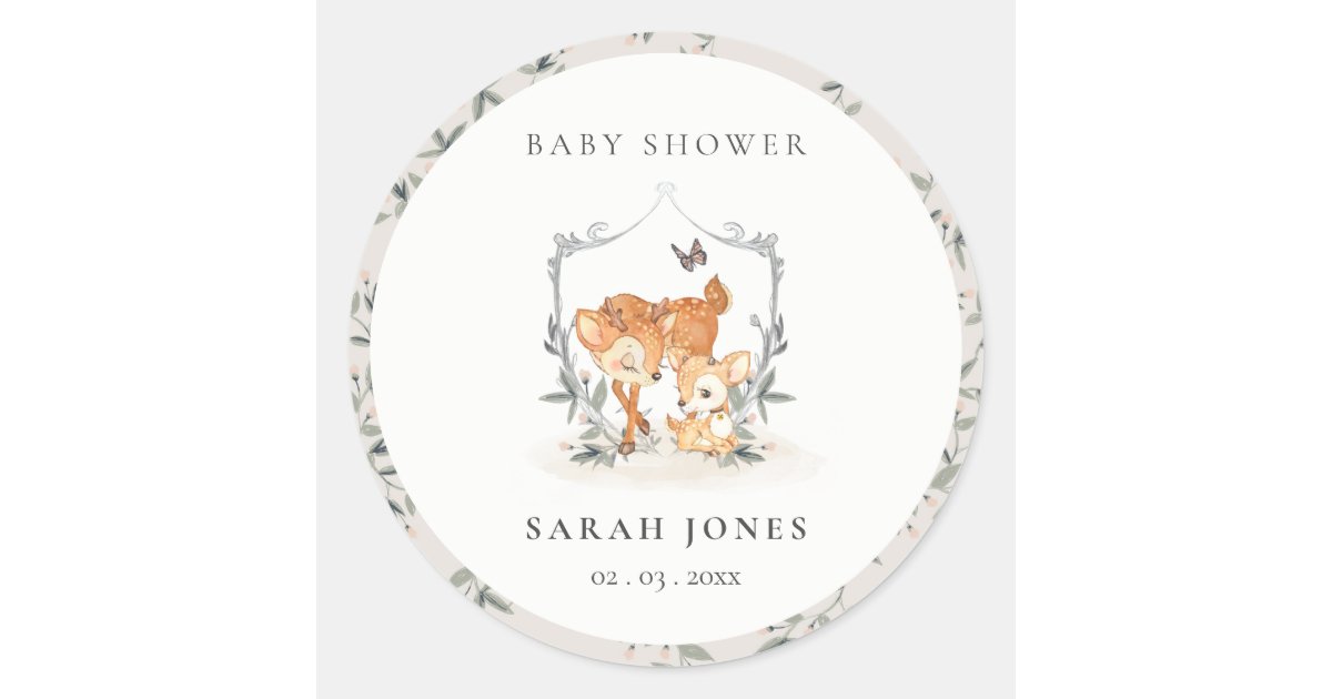 Elegant Mum Deer Fawn Floral Crest Baby Shower Classic Round Sticker ...