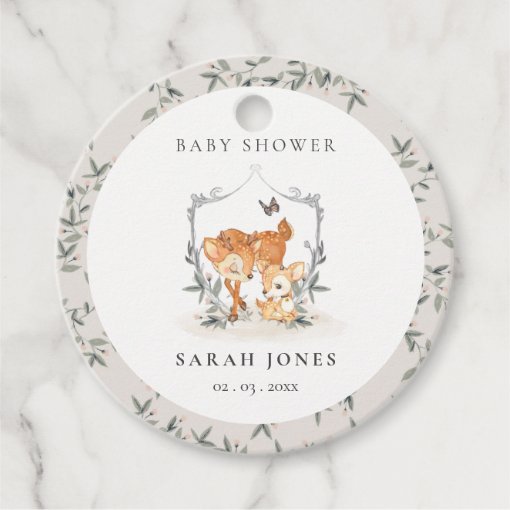 Elegant Mum Deer Fawn Floral Crest Baby Shower Favor Tags | Zazzle